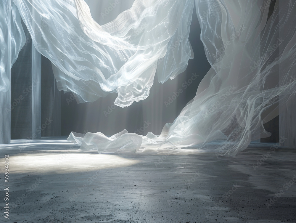 Abstract art installation with floating fabrics and light projections ...