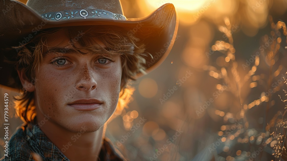 Cowboy adolescente posando en el campo, modelo joven con ropa que ...