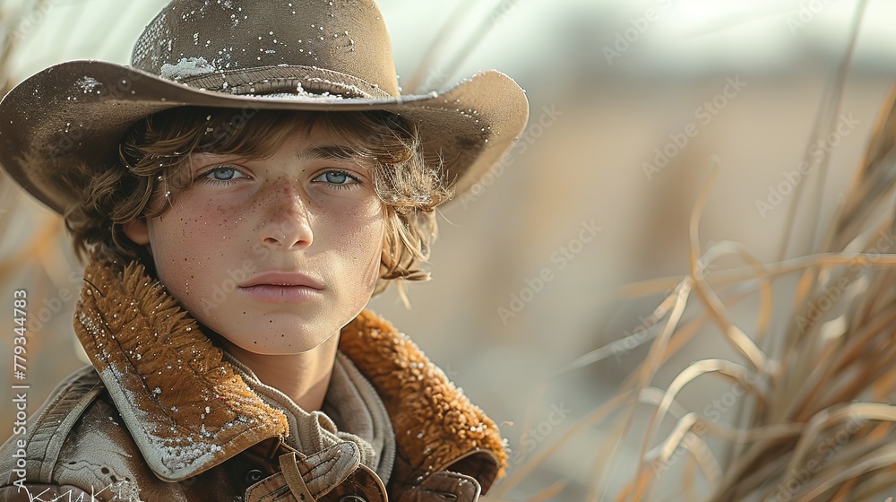 Cowboy adolescente posando en el campo, modelo joven con ropa que ...