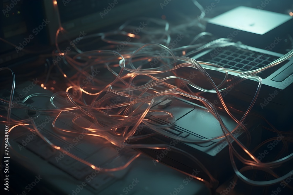Cybersecurity Disruption:Tangled Wires and Digital Keys in a Futuristic ...