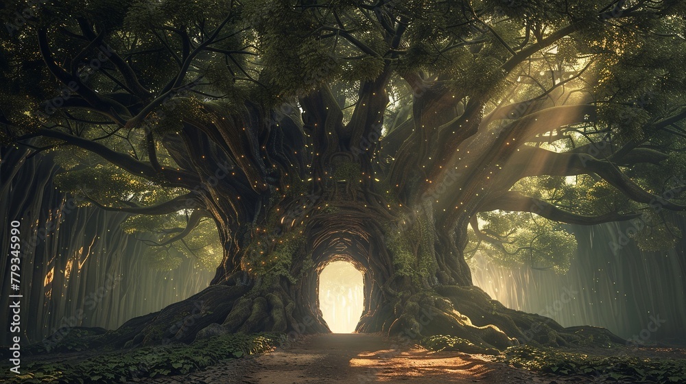 An old, wise tree whose roots form doorways to different times and ...