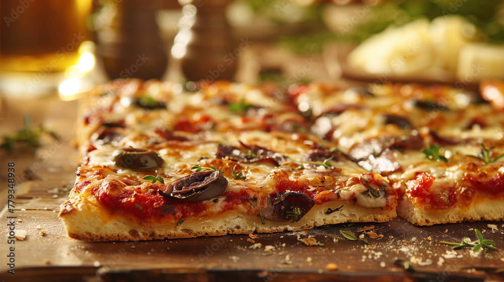 Hearty Sicilian pizza on thick crust with anchovies, olives, and ...