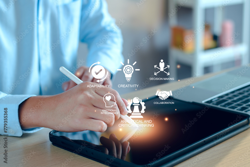 Soft skills HR concept. Business man with icons of soft skills ...