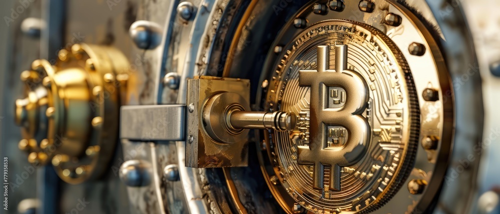 An image of a traditional bank vault door being unlocked by a digital ...