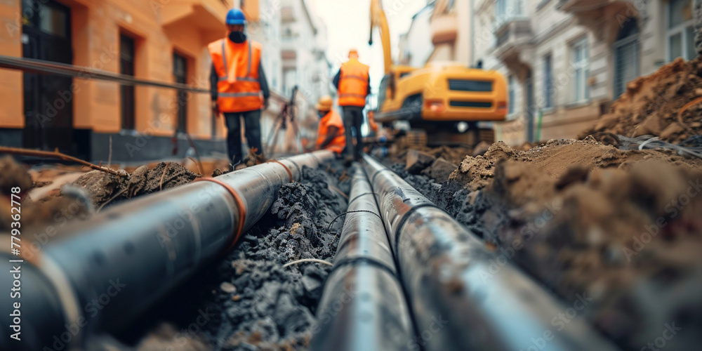 Workers install underground pipes for water, sewerage electricity and ...