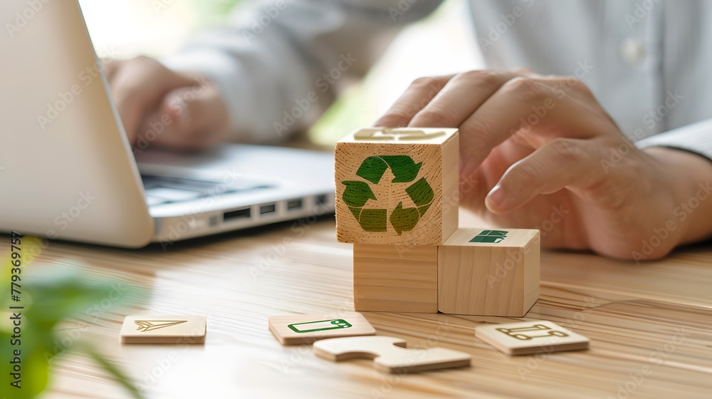 Eco-conscious Professional at Work Space with Recycle Symbol. Focused ...
