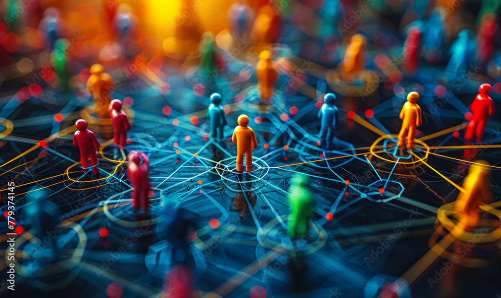 Colorful figurines connected by lines on a network grid illustrating ...