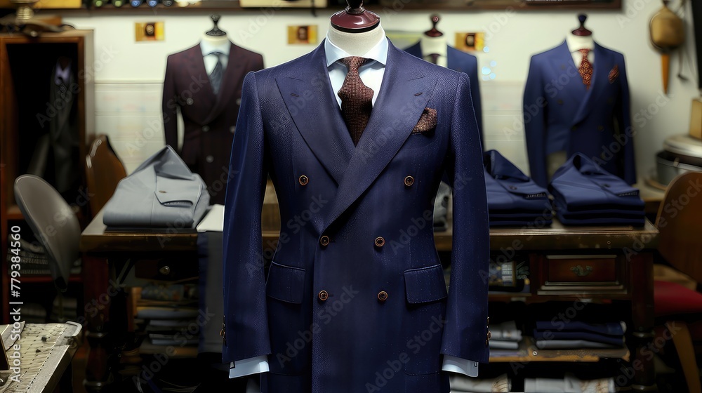 A new stylish suit on a mannequin awaits its customer in the atelier ...