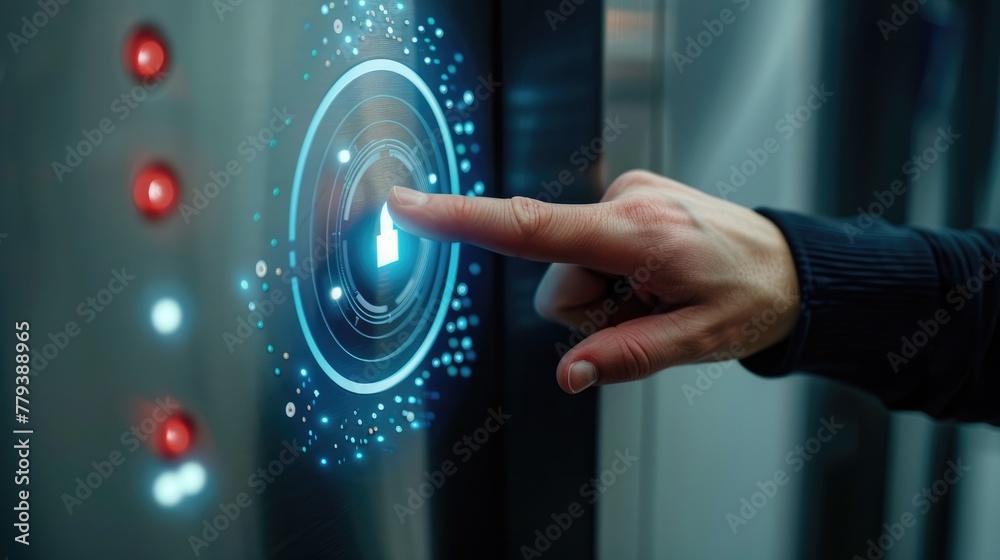 Hand of male manual unlocking of digital access, Electronic protection ...