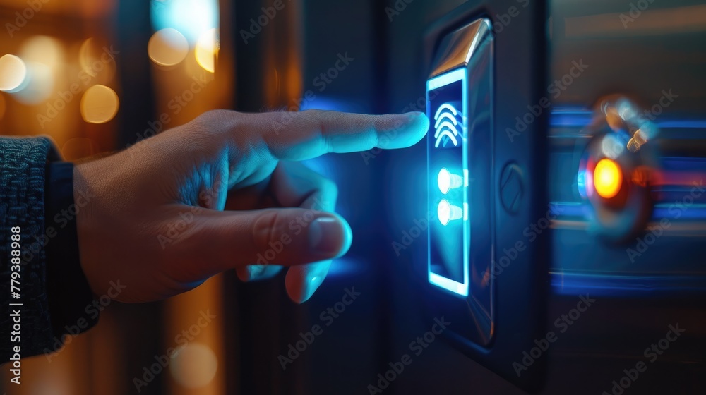 Hand of male manual unlocking of digital access, Electronic protection ...