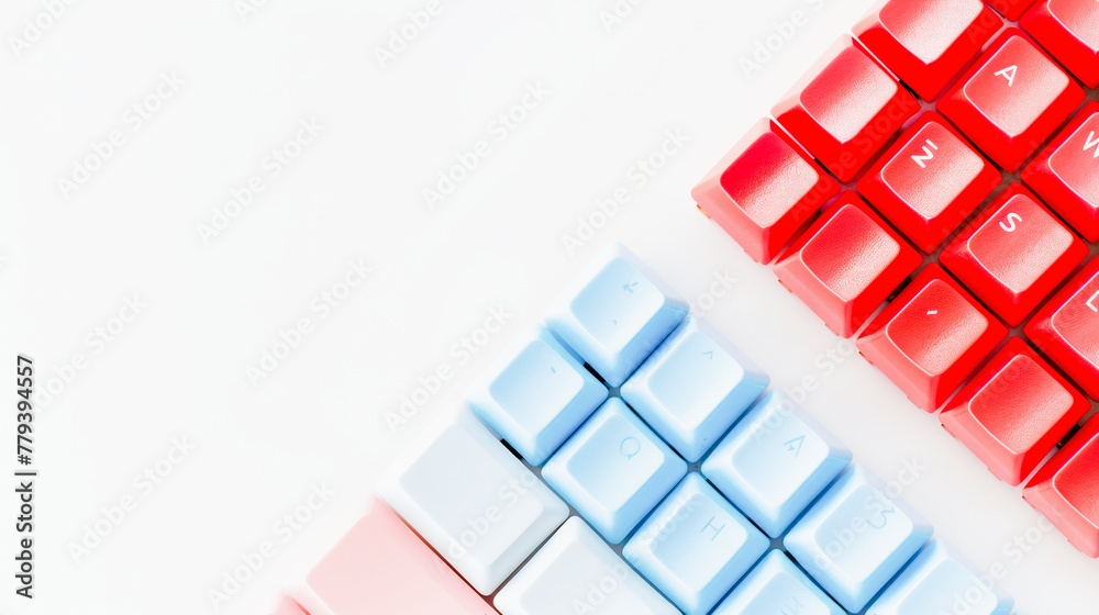 Two mechanical keyboard halves with red and blue keycaps on a white ...