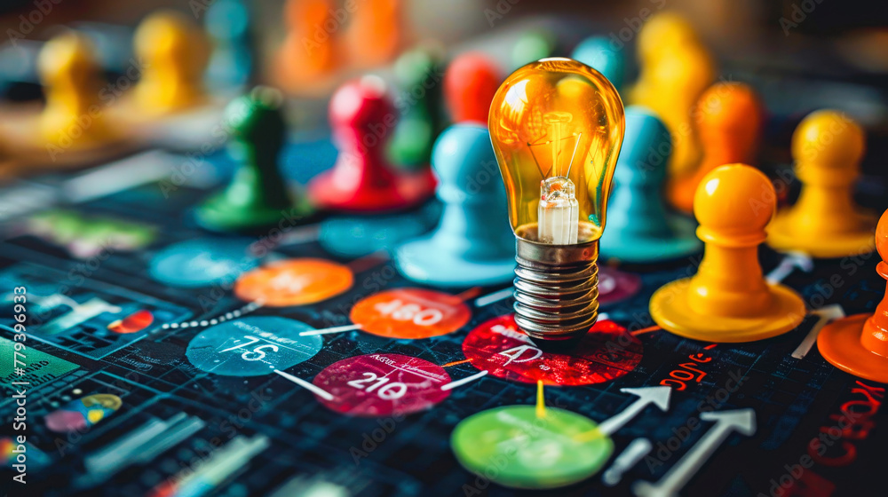 Illuminated light bulb on a game board surrounded by colorful pawns ...