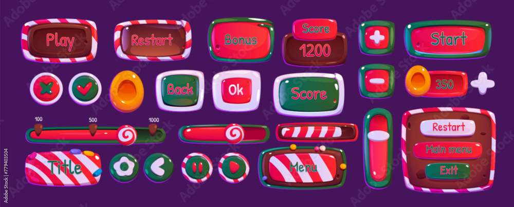 Christmas game ui button and frame winter element. Candy and cookie ...