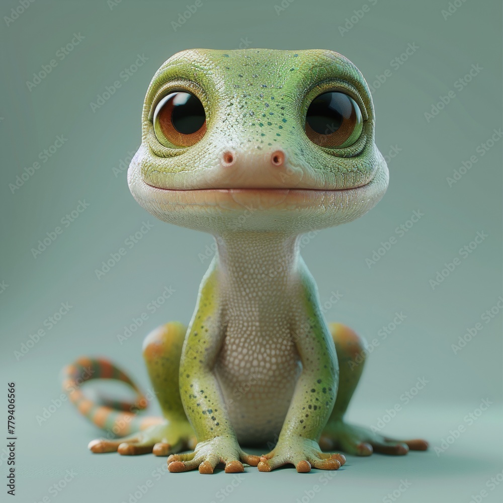 A cute cartoon baby gecko is sitting on a green background. The gecko ...
