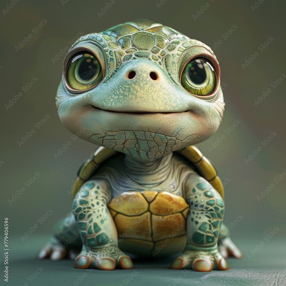 A cute cartoon baby turtle with a smile on its face. The turtle is ...