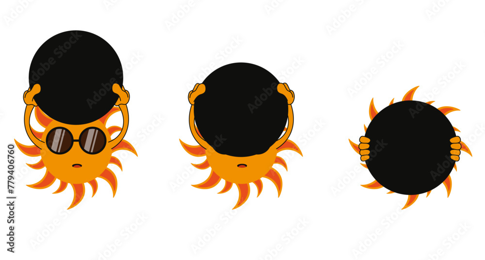 Total Eclipse of the Sun with funny Kawaii Sun character. The Stages of ...