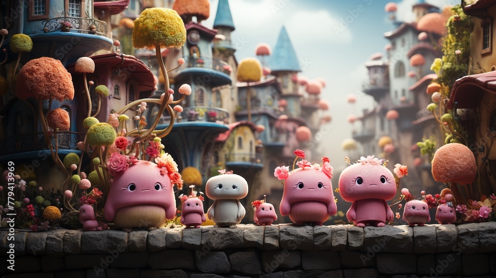 Joyful cartoon characters planting a magical garden where cloud houses ...