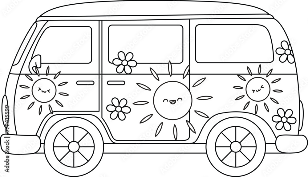 Cute Summer Van Isolated coloring page for kids, vector printable ...