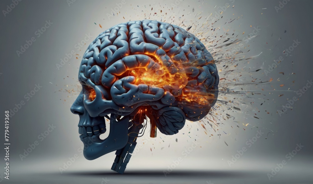 Concept art of a human brain exploding with knowledge and creativity ...