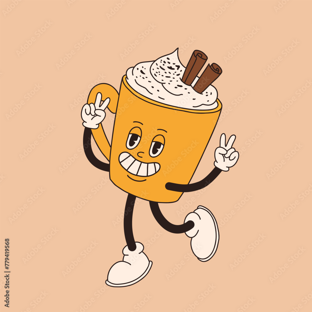 Retro cartoon coffee cup character. Mug mascot in different poses. 60s ...