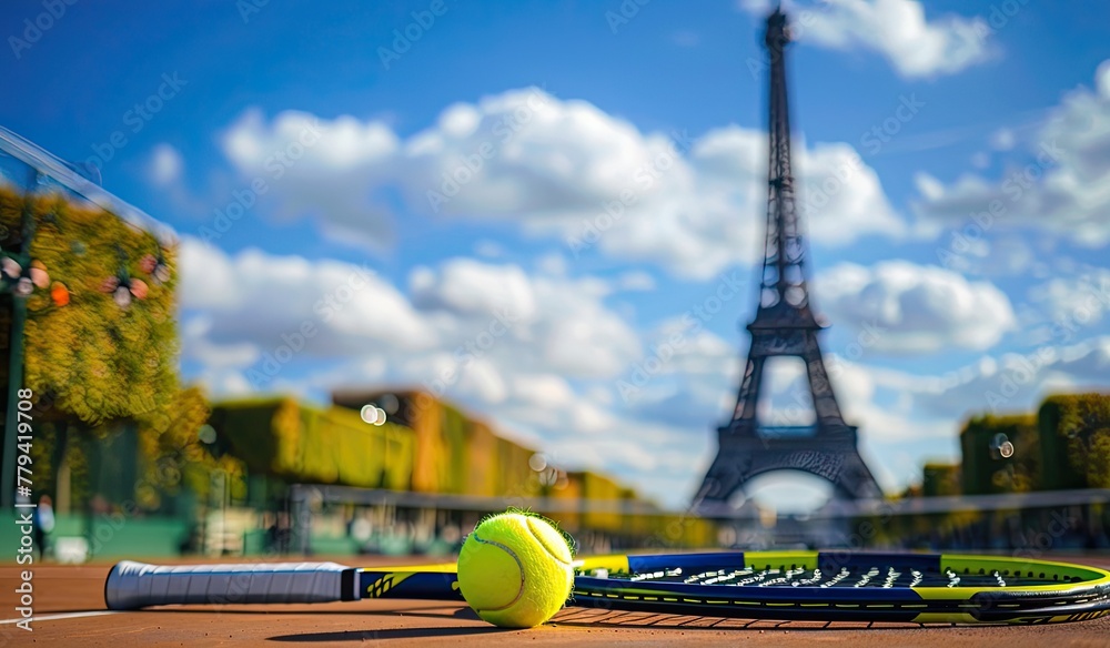 Tennis racket and tennis ball on tennis court. Summer Olympics in 2024 ...