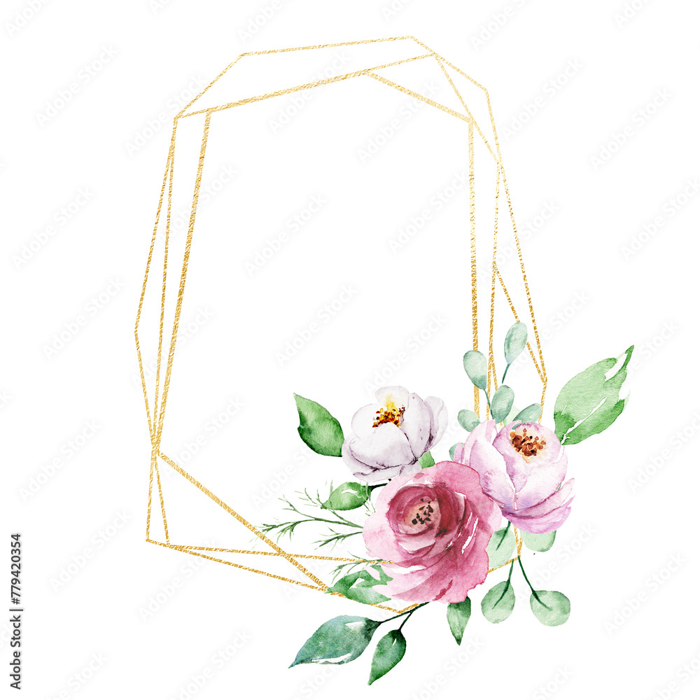 Gold frame, geometric border with watercolor flowers peonies. Hand ...
