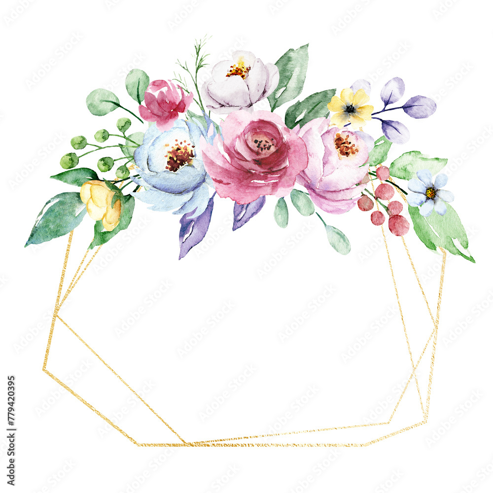 Gold frame, geometric border with watercolor flowers peonies. Hand ...