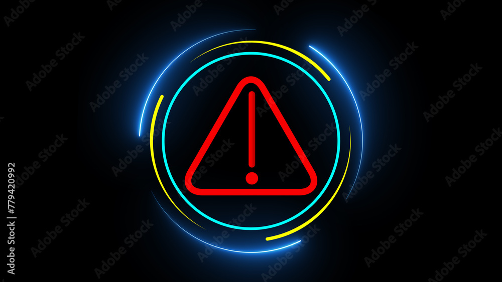 Digital warning sign with exclamation mark neon glow on dark background ...