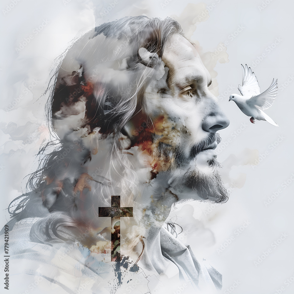 Double exposure image of Jesus Christ, Christian cross and dove ...