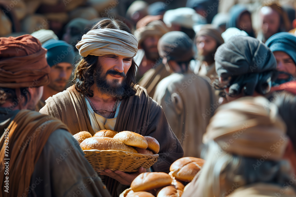 Jesus Christ feeding crowd of five thousand people with loaves Stock ...