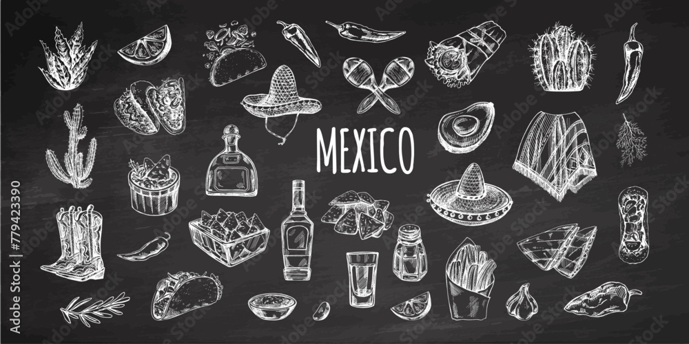Hand-drawn set of realistic mexican elements. Vintage sketch drawings ...