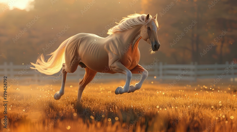 the awe-inspiring scene of a golden horse galloping through the field ...