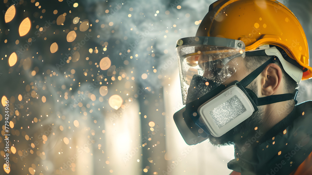 Construction worker wearing a high-grade dust mask, surrounded by lot ...
