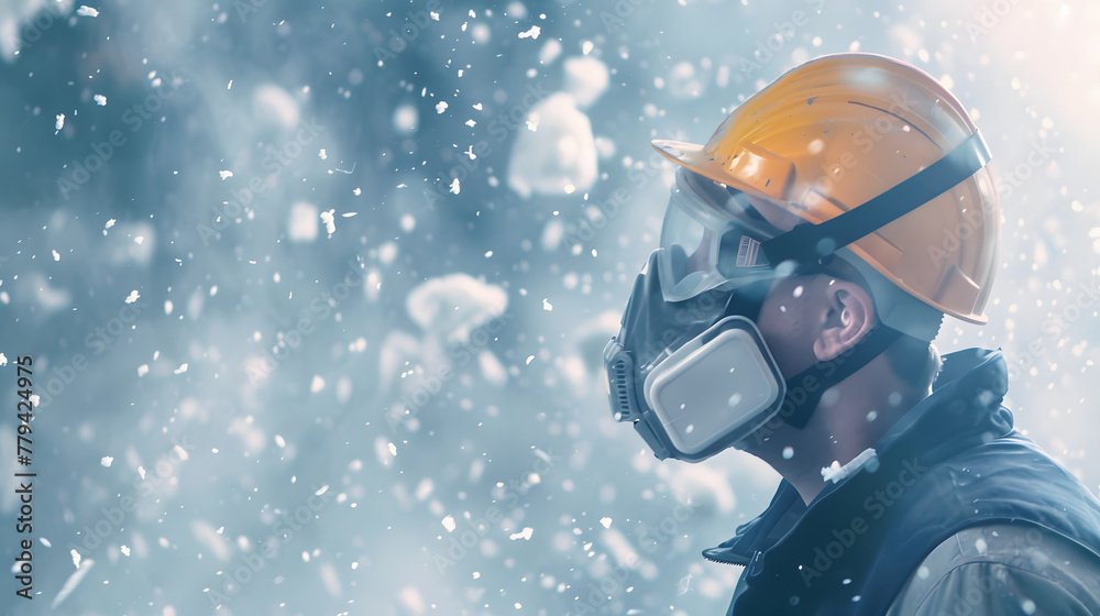 Construction worker wearing a high-grade dust mask, surrounded by lot ...