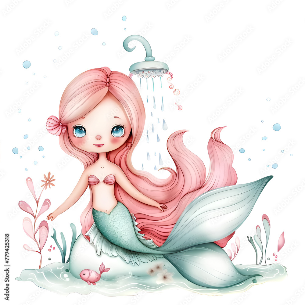cute metmaid taking a bath with shower, watercolor png, clipart ...