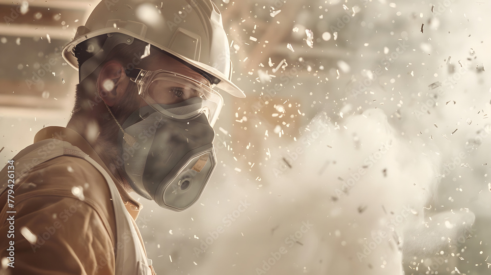 Construction worker wearing a high-grade dust mask, surrounded by lot ...