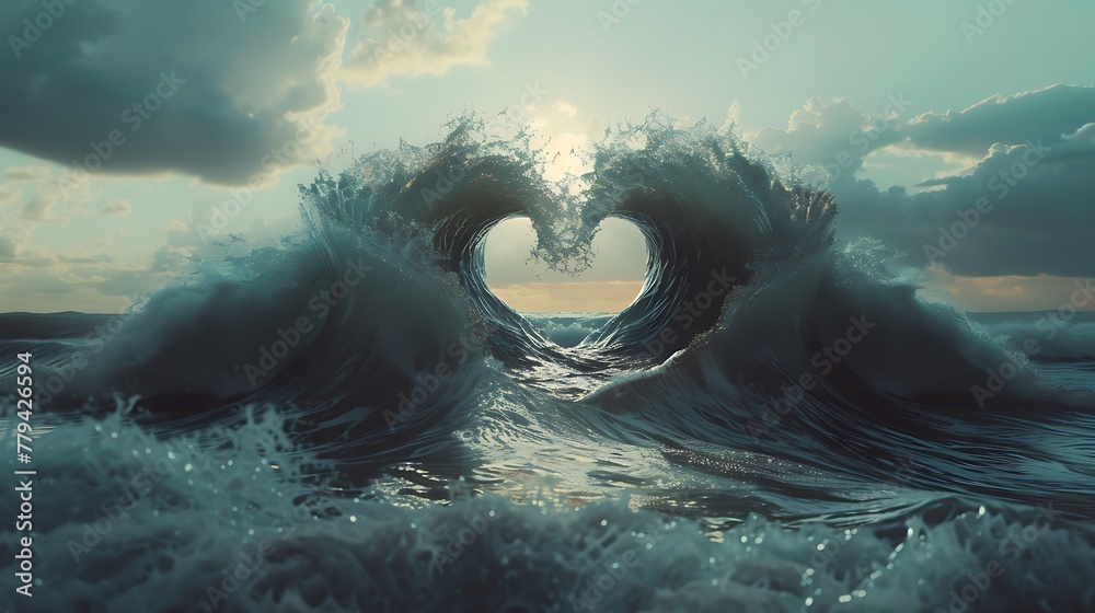 The symmetry and balance of a wave as it splits around a central point ...