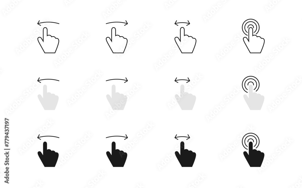 Swipe vector icon set. Left, right and click hand gesture illustration. Drag and move arrow sign ...