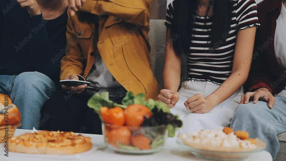 Lunch, happy friends and pizza party with food, drinks and conversation ...