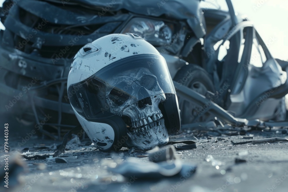 Motorcycle crash scene with a skull inside a helmet, a stark ...