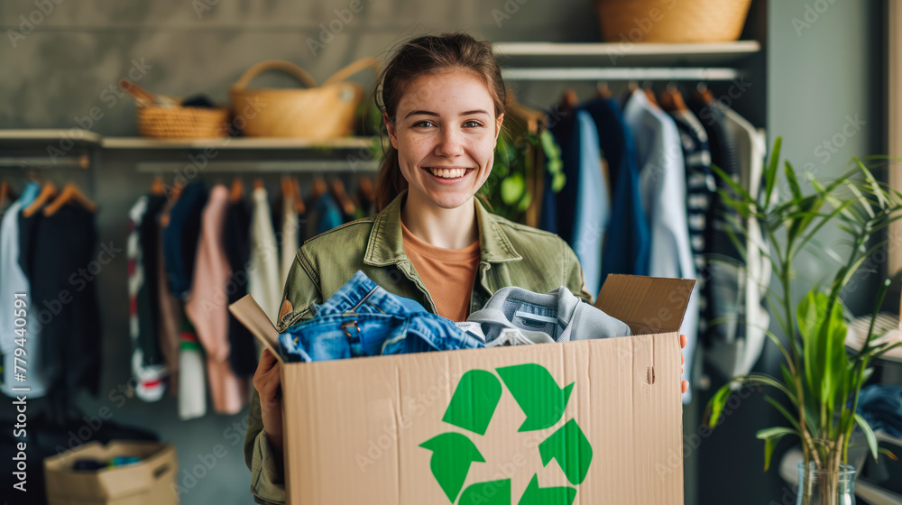 Happy middle aged woman holding cardboard recycling box with clothes ...