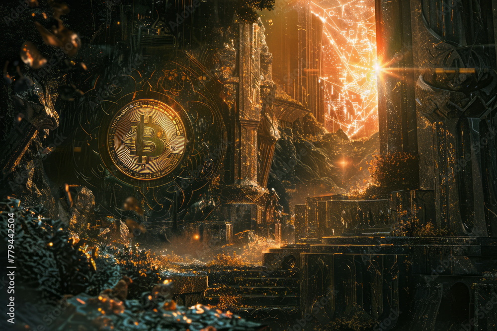 A depiction of a bitcoin halving event, intertwining fantasy and ...