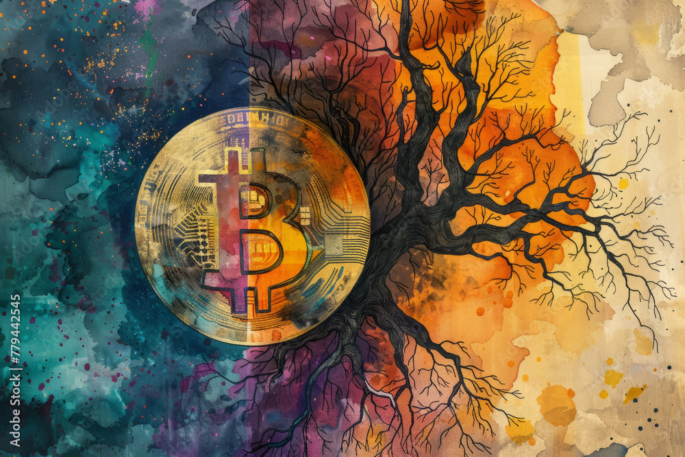 A bitcoin halving, a mix of watercolor and ink drawing to create a ...