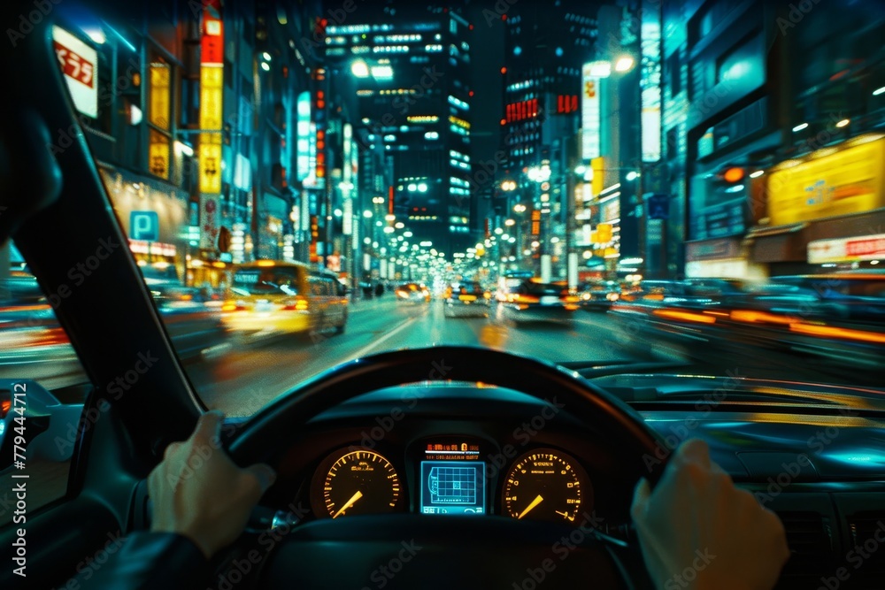 First-person view driving through neon-lit city streets at night ...