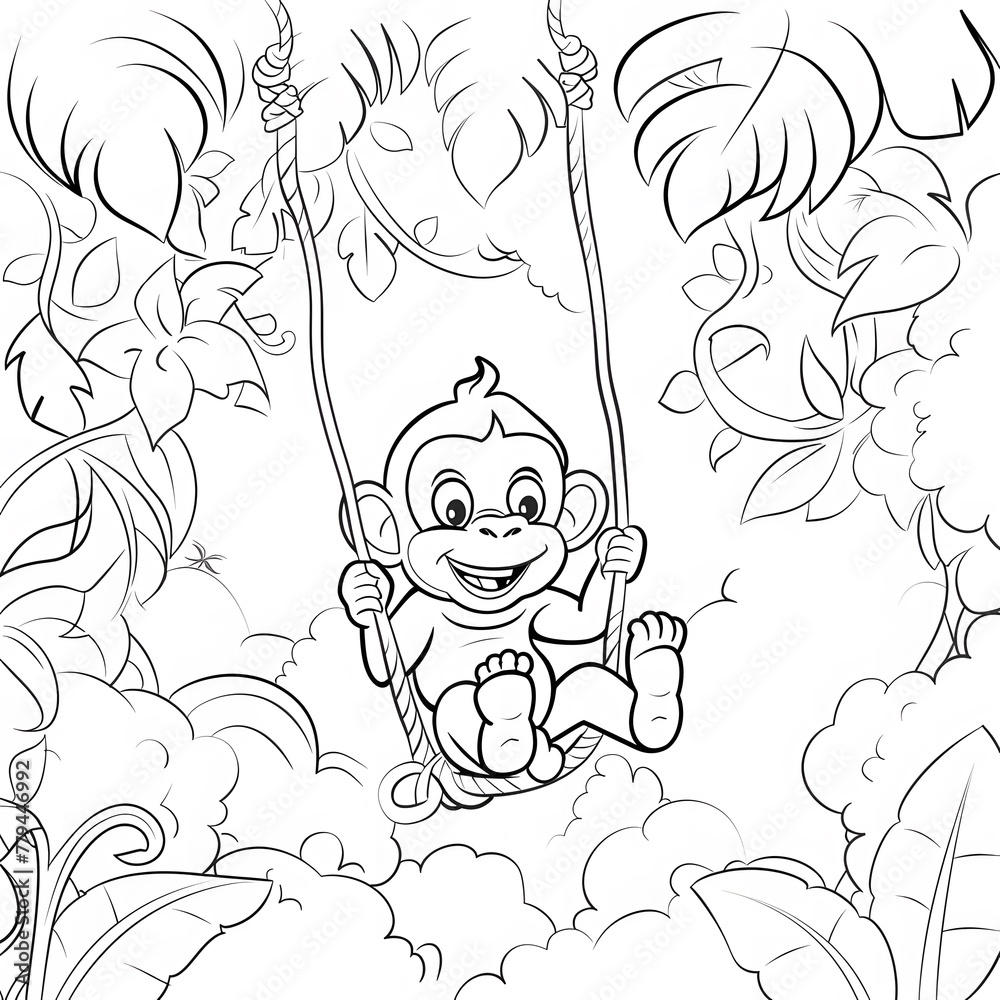 coloring page for kids, cute monkey swinging in the jungle Stock ...
