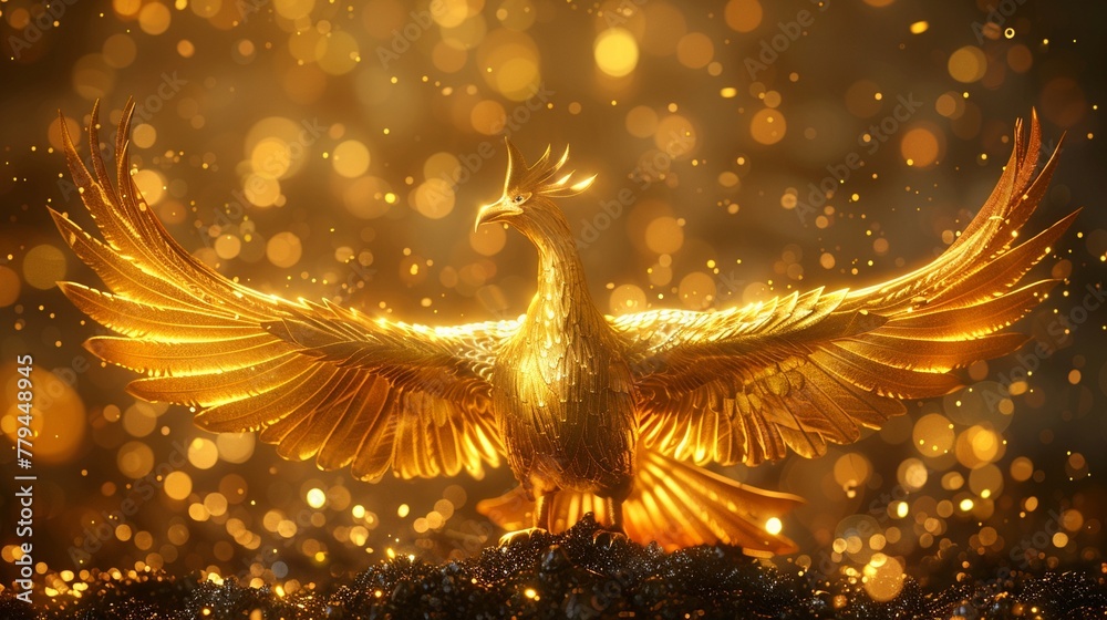 A visual metaphor of a golden phoenix rising from the ashes of ...