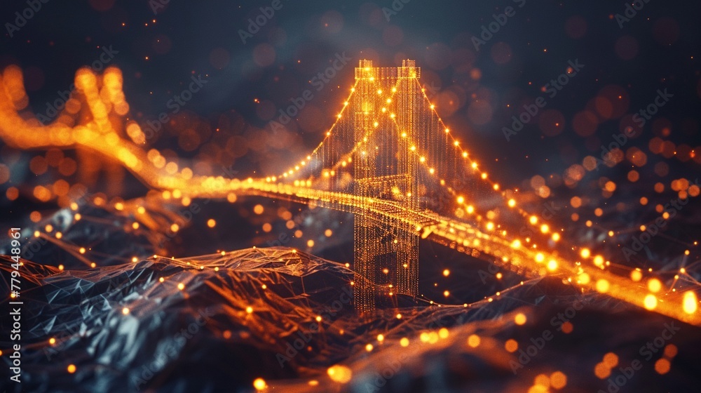 A visual of a golden bridge connecting two cliffs, underlined by a ...