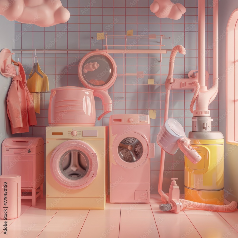 utility room with 3D pastel washing machines, vacuum cleaners and steam ...