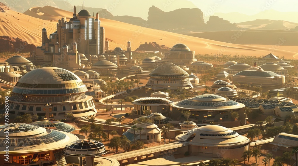 A futuristic desert city with domed buildings and solar panels AI ...