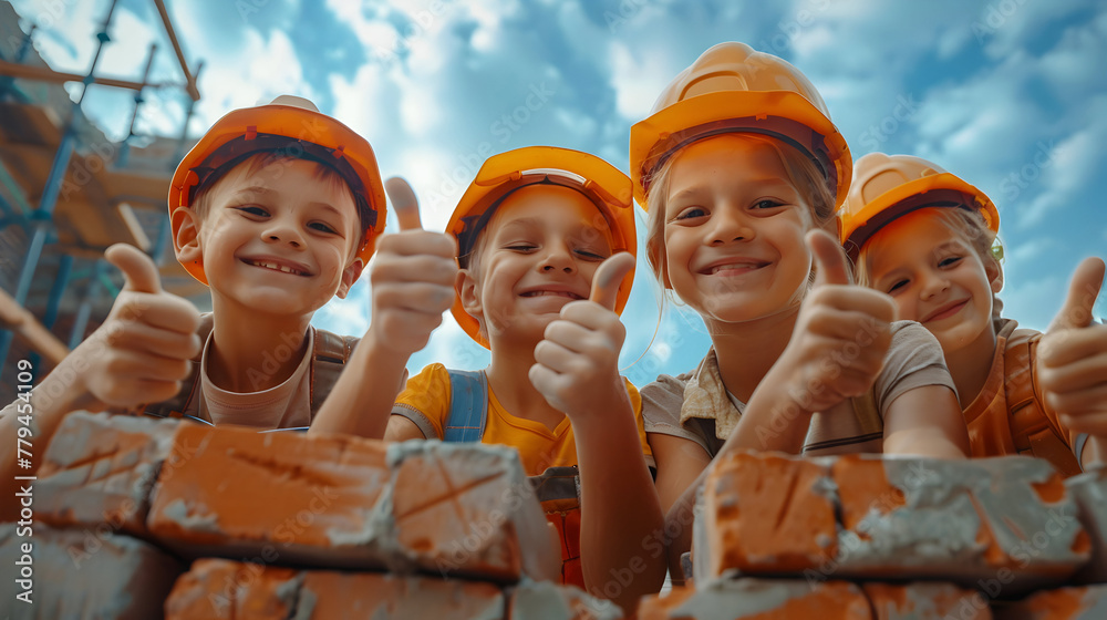 Group of children doing their dream job as Bricklayers at the ...